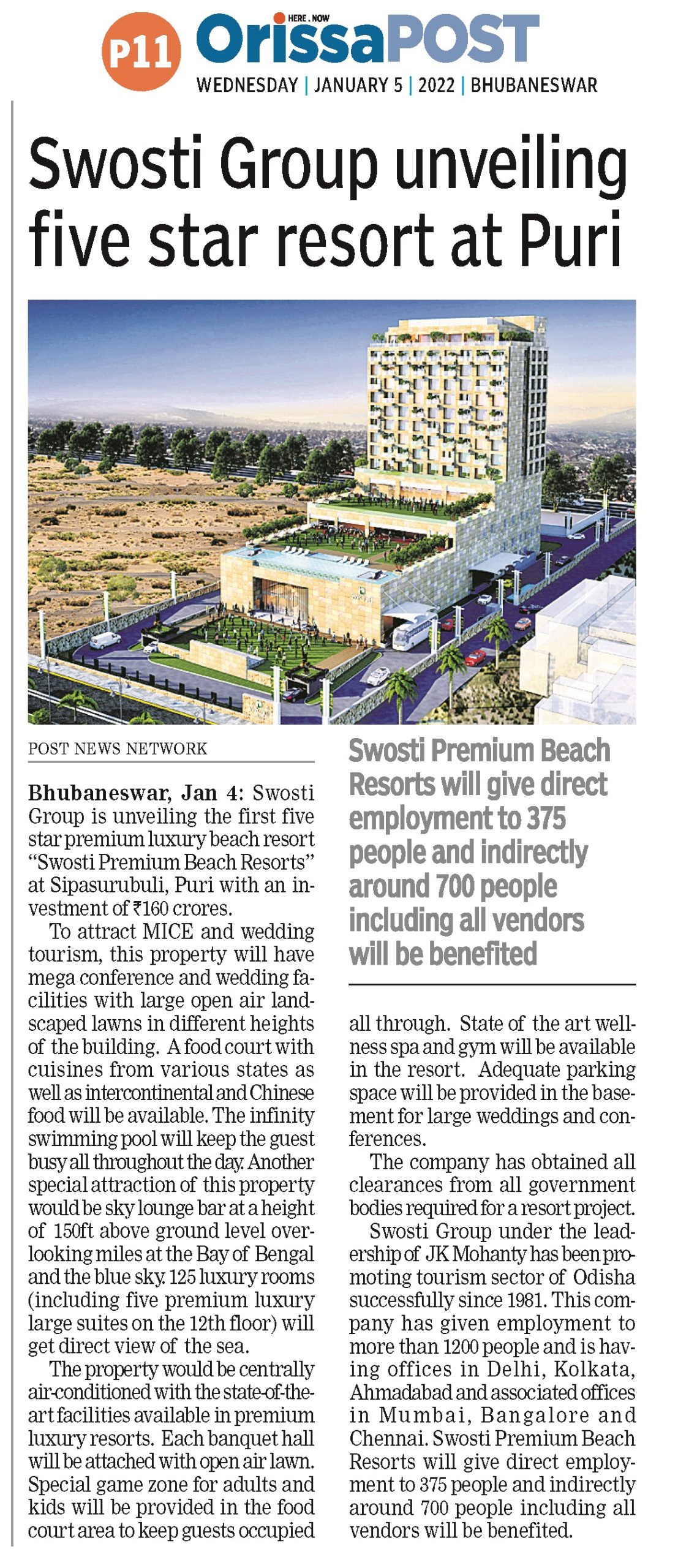 Swosti Group Unveiling Five Star Hotel Resort at Puri - JK Mohanty